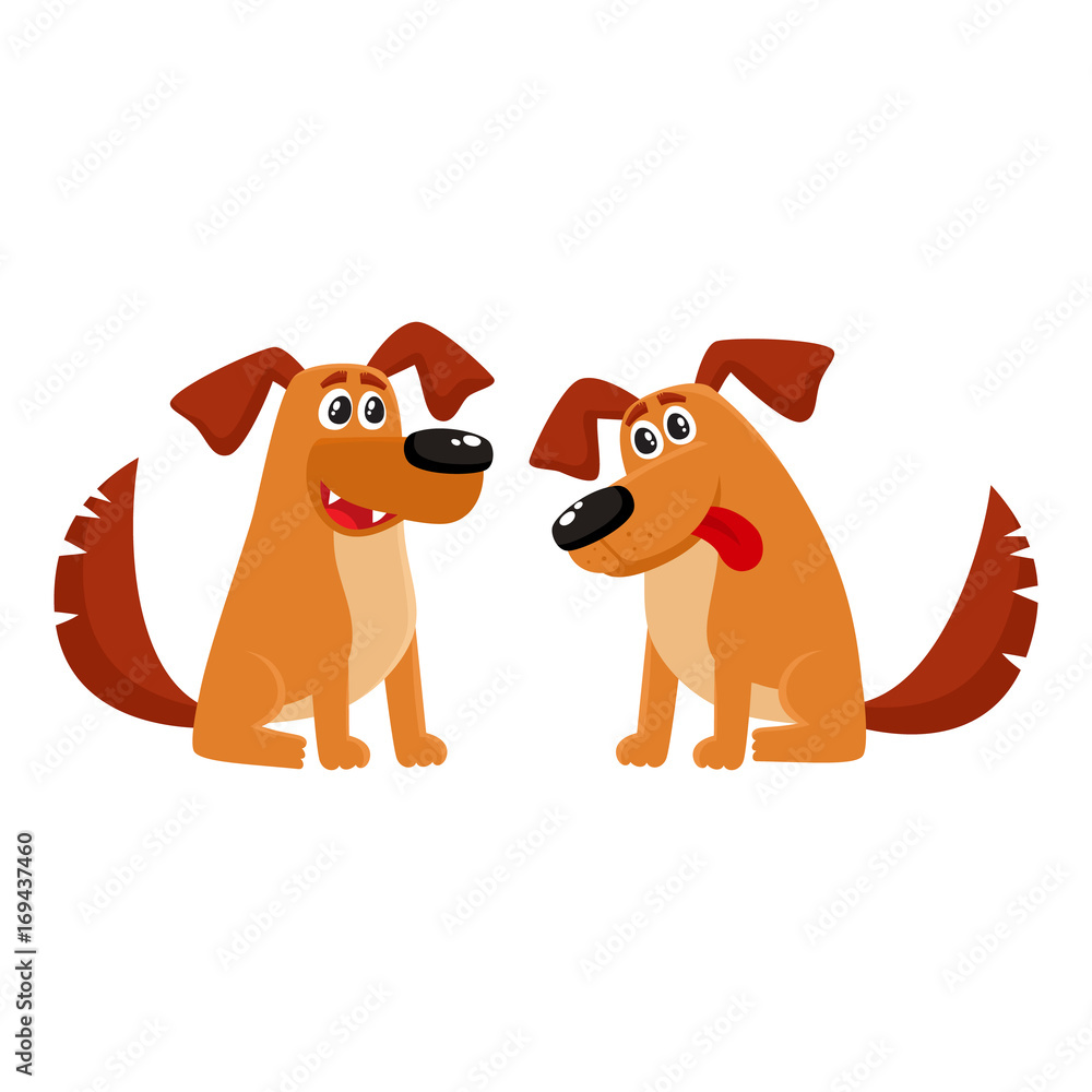Two funny sitting dog characters, one talking, another listening with ...
