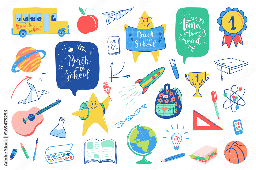 Back to school doodles elements set. Vector quote Back to school, Time ...