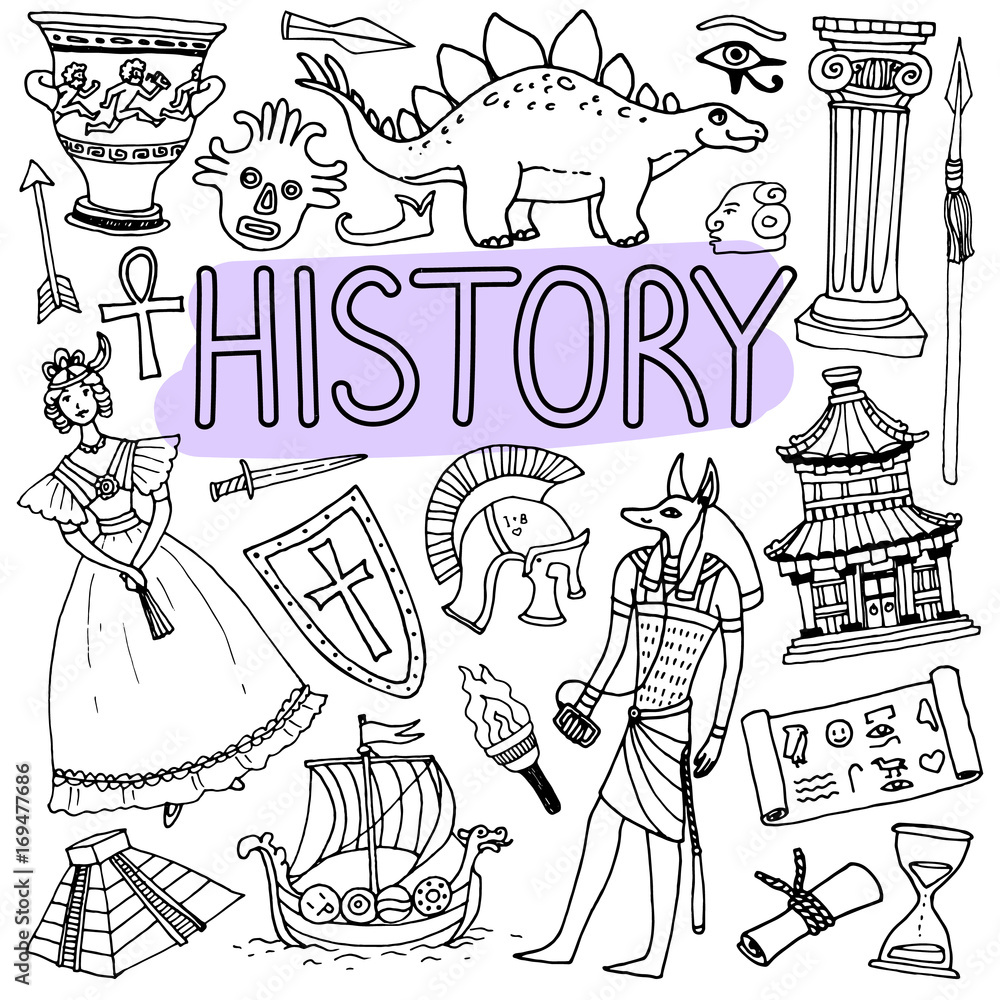 Hand drawn doodles for history lessons. Vector back to school ...
