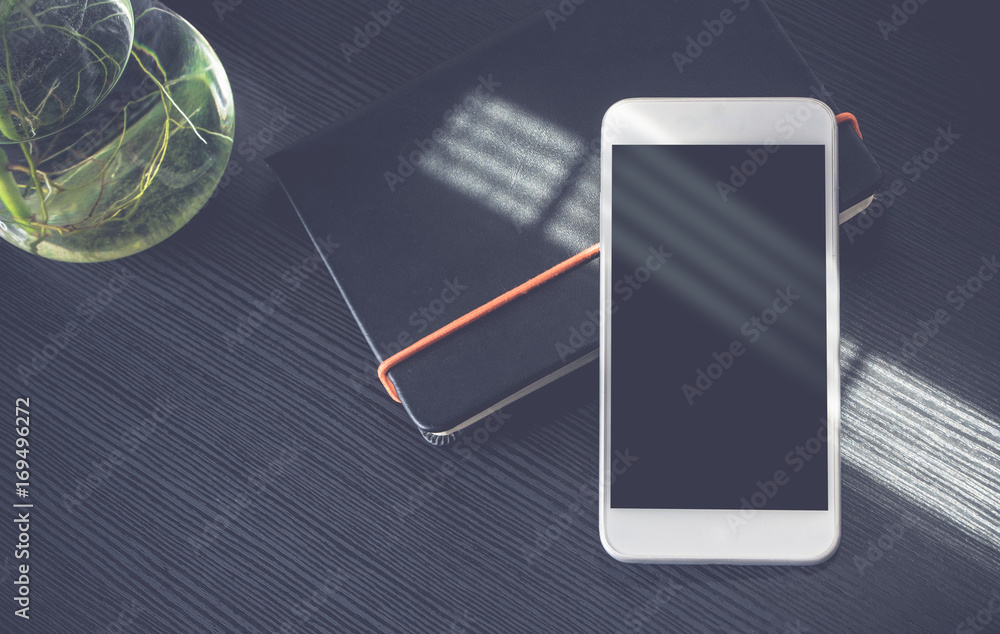 Blank screen of mobile phone lay on notebook near window with plant in ...