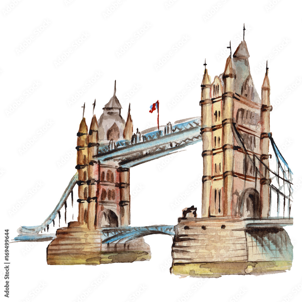 Watercolor London illustration. Great Britain hand drawn symbols: red ...
