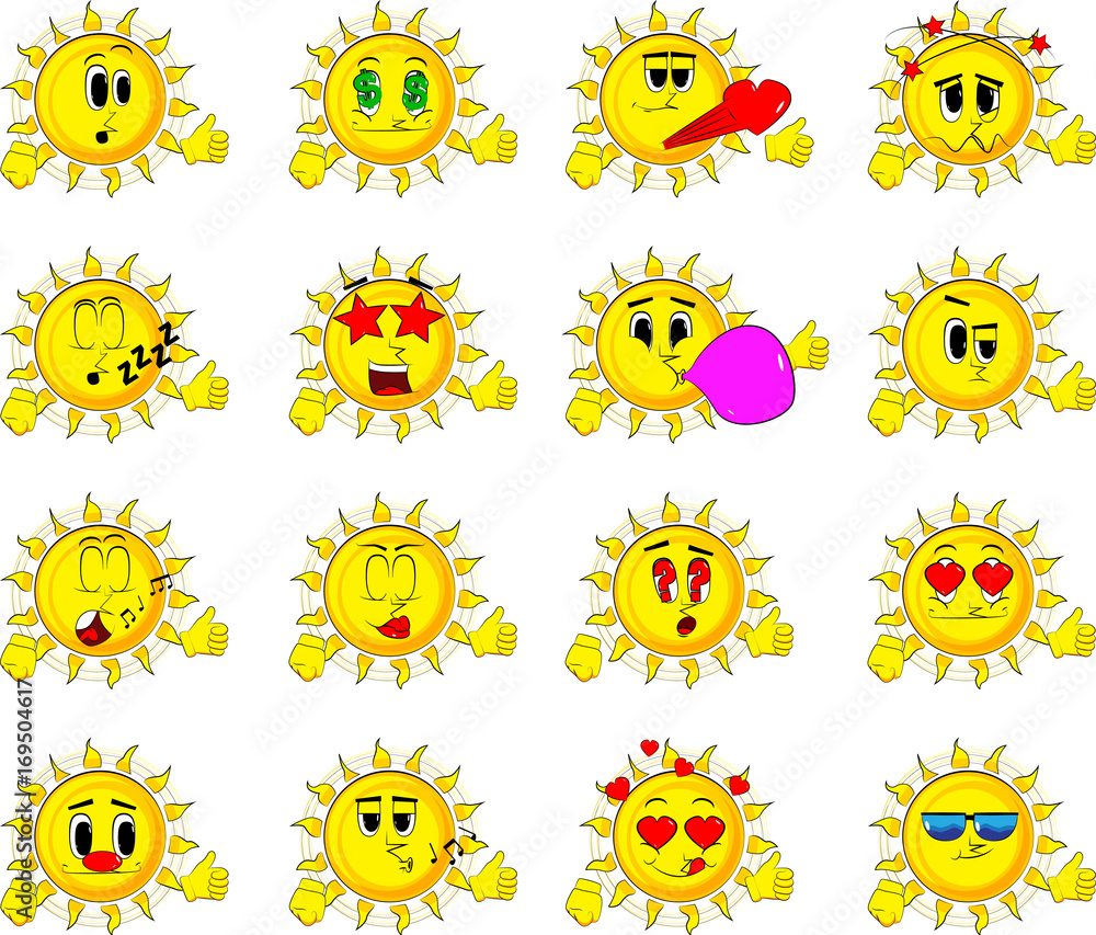 Cartoon sun making thumbs up sign. Collection with various facial ...