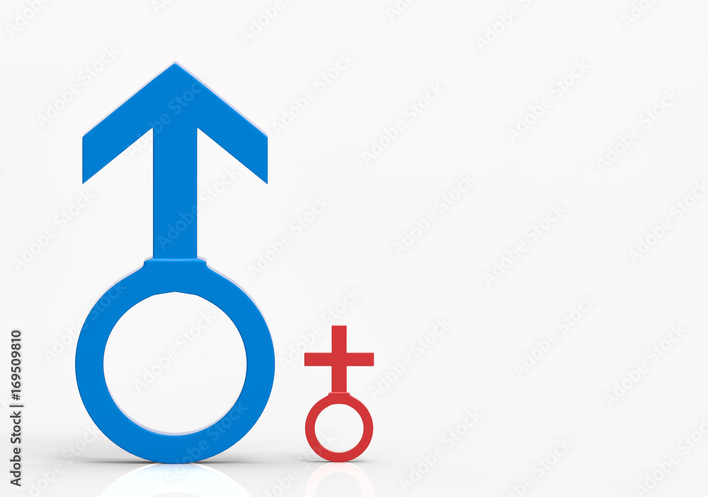 3d illustration. big blue Male Gender sign and small red female gender ...