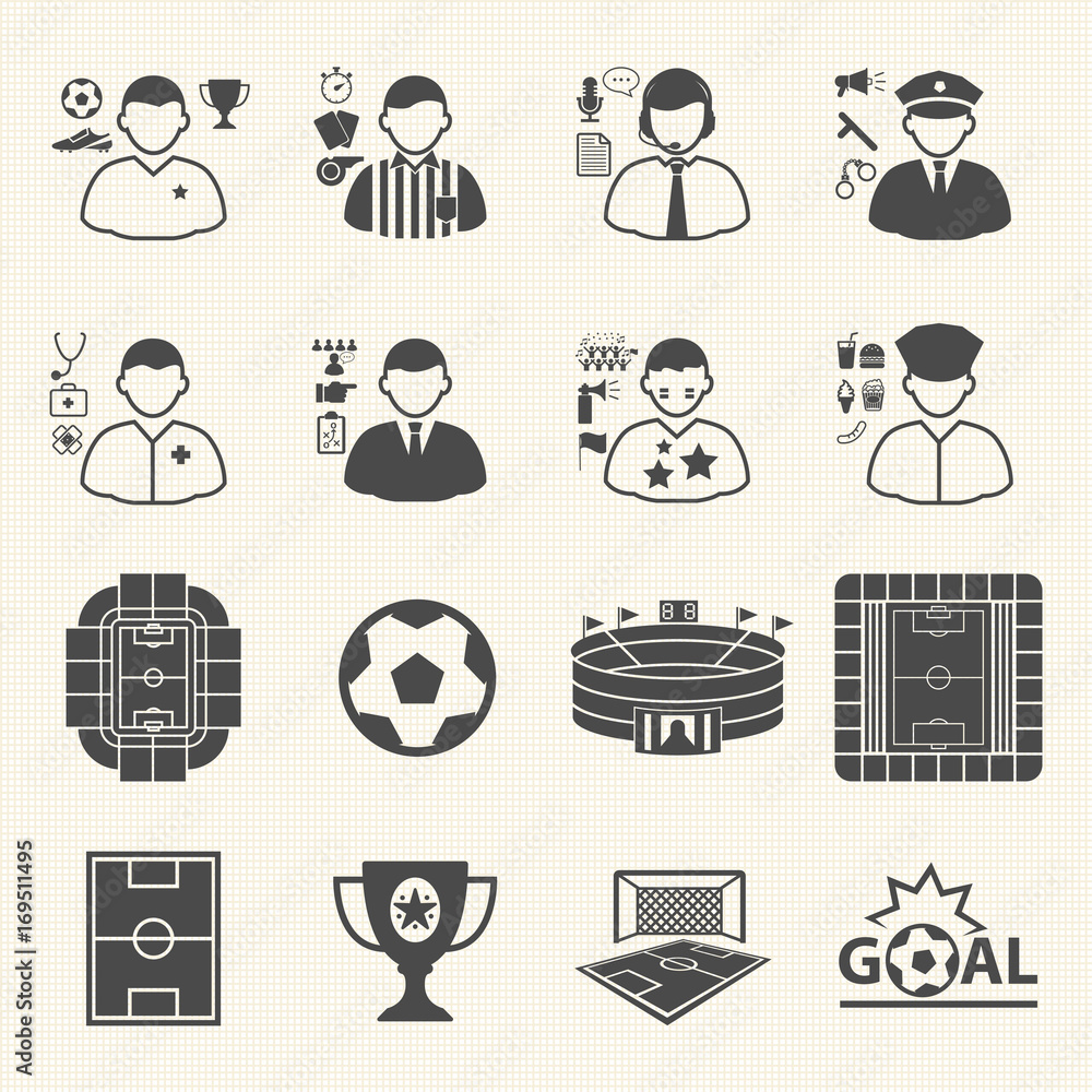 Staff and people in soccer championship icons. Collection of symbol ...