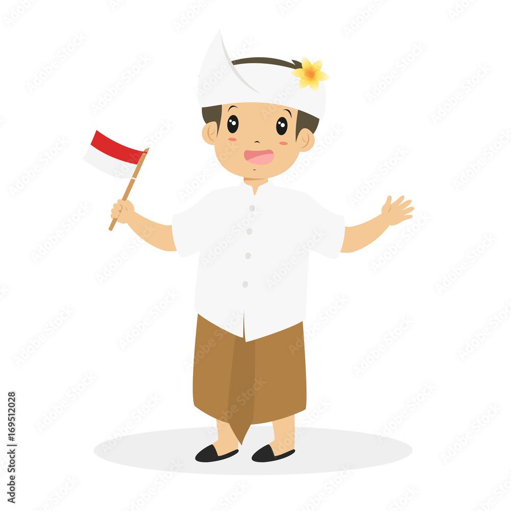 Bali boy wearing traditional dress and holding Indonesian flag cartoon ...