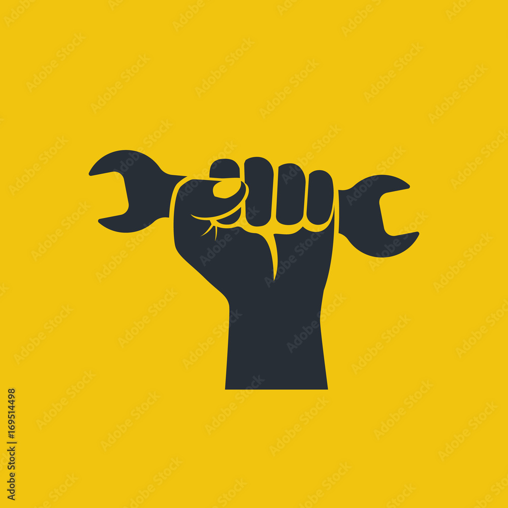 Wrench in hand icon. Black silhouette isolated on yellow background ...