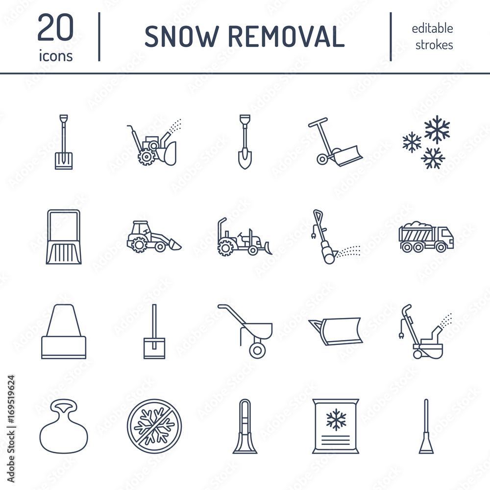 Snow removal flat line icons. Ice relocation service signs. Cold ...