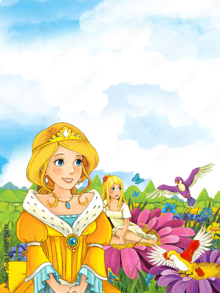 Cartoon fairy tale scene with a young lady princess standing in the ...