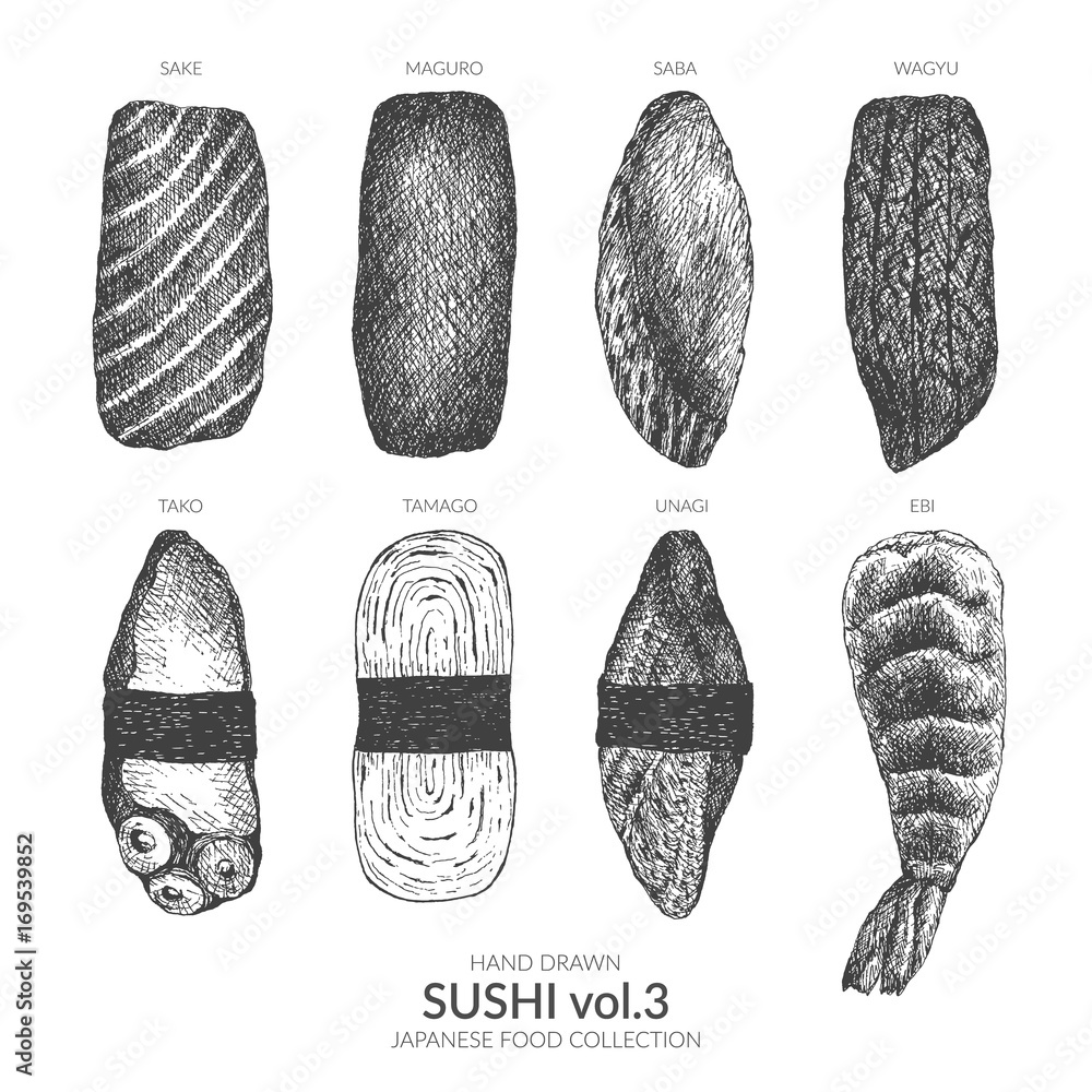 Set of sushi. Hand drawn top view with ink and pen. Vintage black and ...
