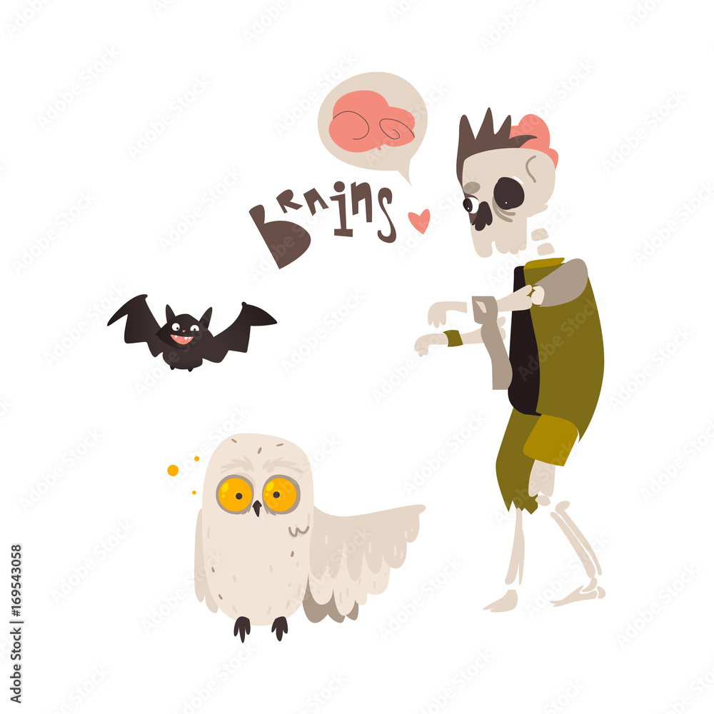 Spooky zombie skeleton monster in rags and crazy looking owl, Halloween ...