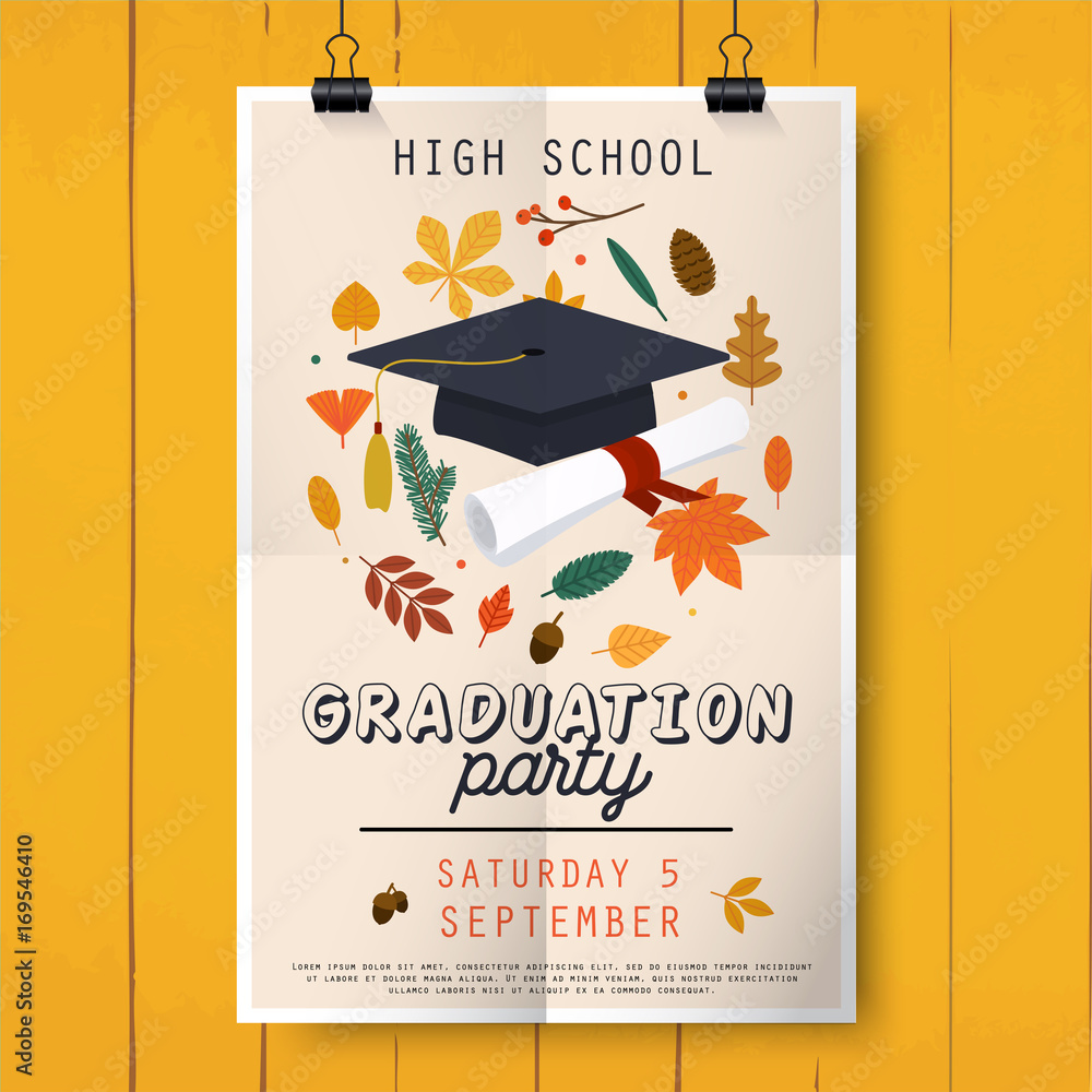 Graduation party poster with graduation cap, diploma and autumn leafs ...