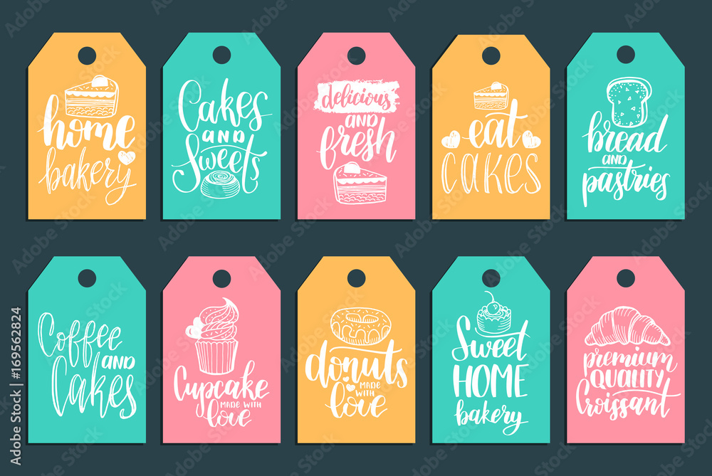 Vector set of bakery hand lettering tags. Typography design cards or ...