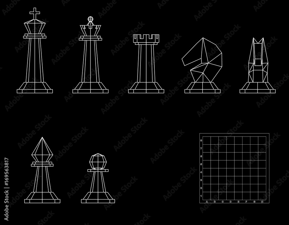 Chess pieces. Isolated on black background. Vector outline illustration ...