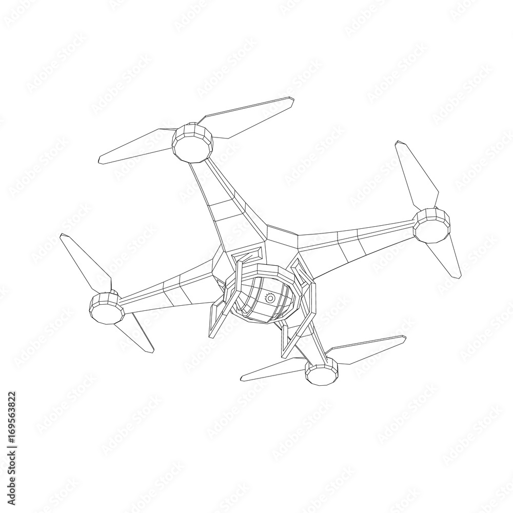 Drone with camera, UAV. Isolated on white background.Vector outline ...