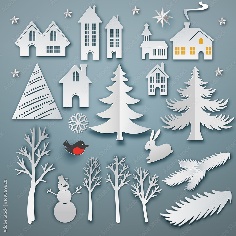 Christmas paper art elements set. Vector icon illustration. White paper ...