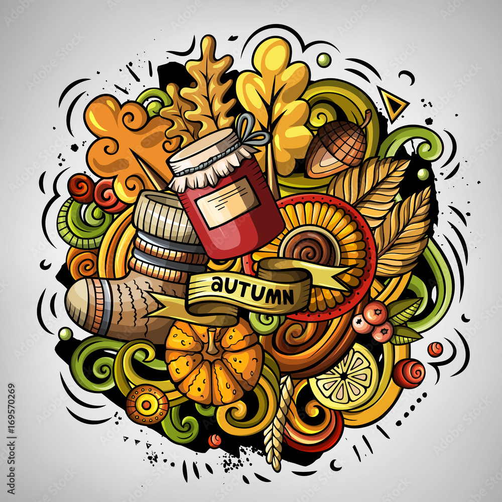 Cartoon doodles Autumn illustration. All items are separate. Stock ...