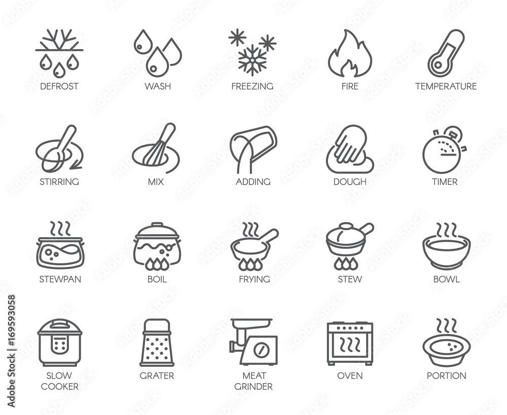 20 line icons for cooking theme. Big vector set of outline symbols ...