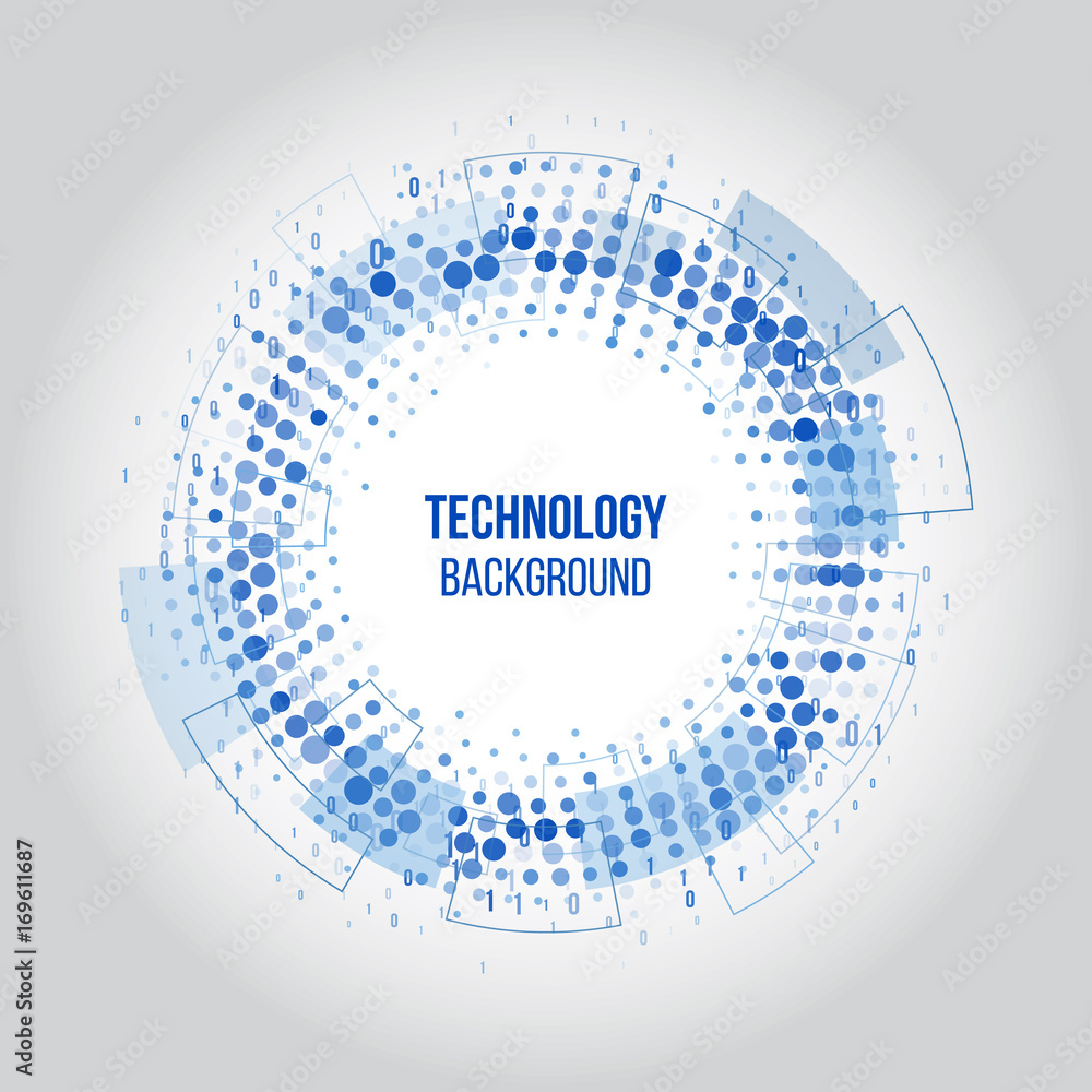 Abstract technology circles with dots and binary code. Science vector ...