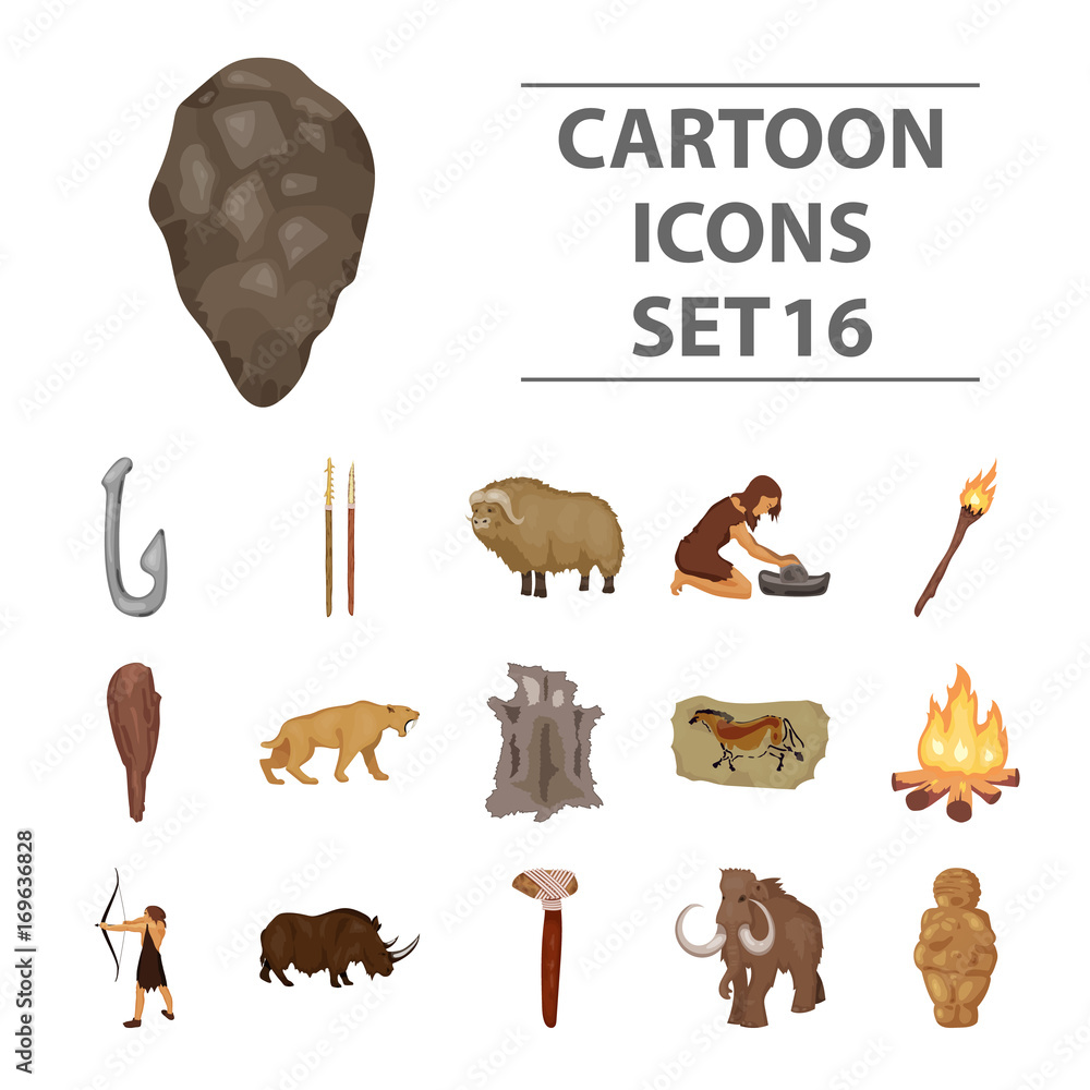 Stone age set icons in cartoon style. Big collection of stone age ...