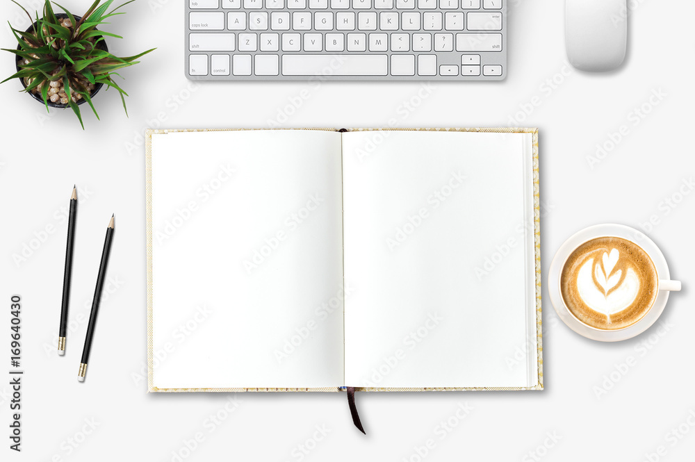 Top view of blank paper page on wood background office desk and ...