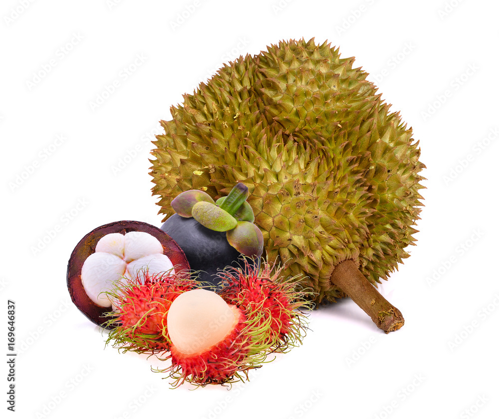 rambutan, mangosteen and durian, tropical fruit isolated on white ...