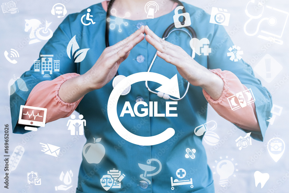 Doctor holds palm hands over agile text circular arrow (rotation or ...