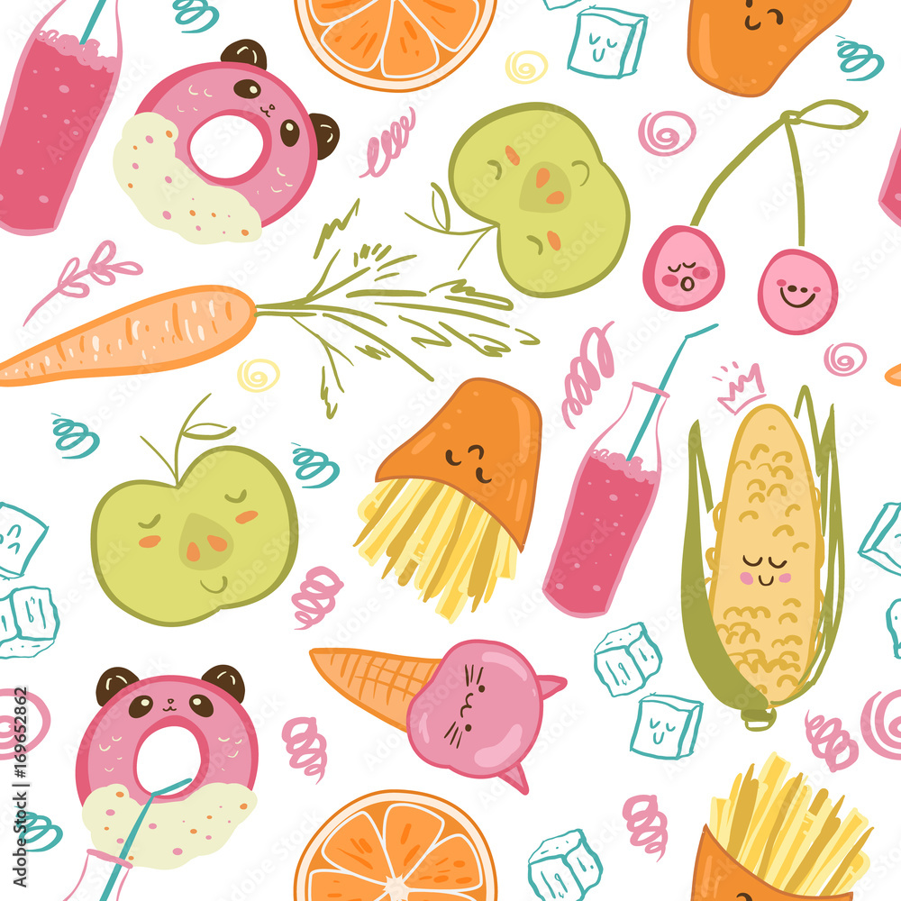 Cute food seamless pattern. Childish vector illustration. Food ...