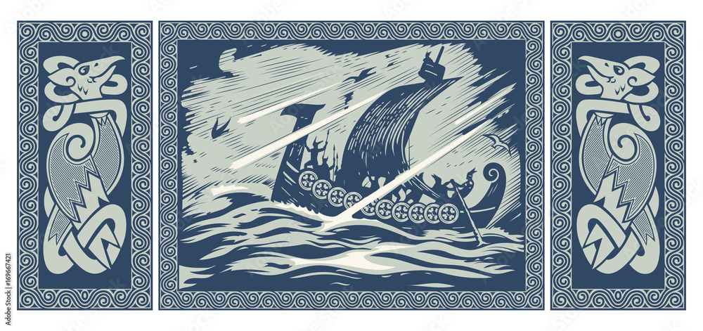 Viking design. Drakkar sailing in a stormy sea. In the frame of the ...