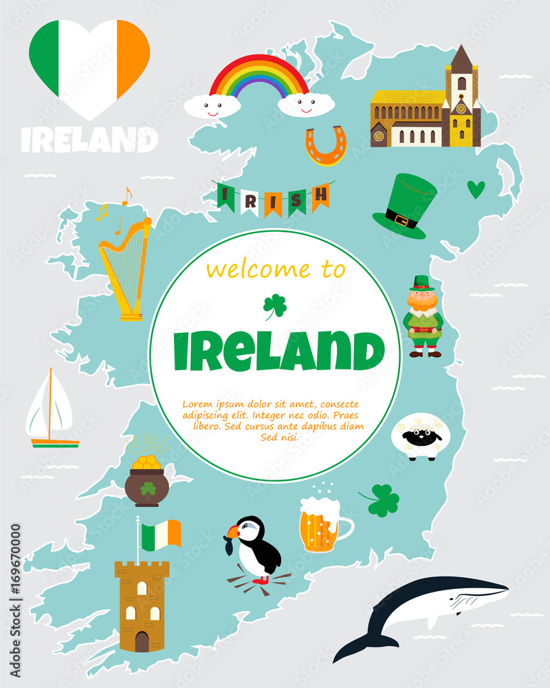 Tourist map of Ireland with landmarks and symbols. Stock Vector | Adobe ...