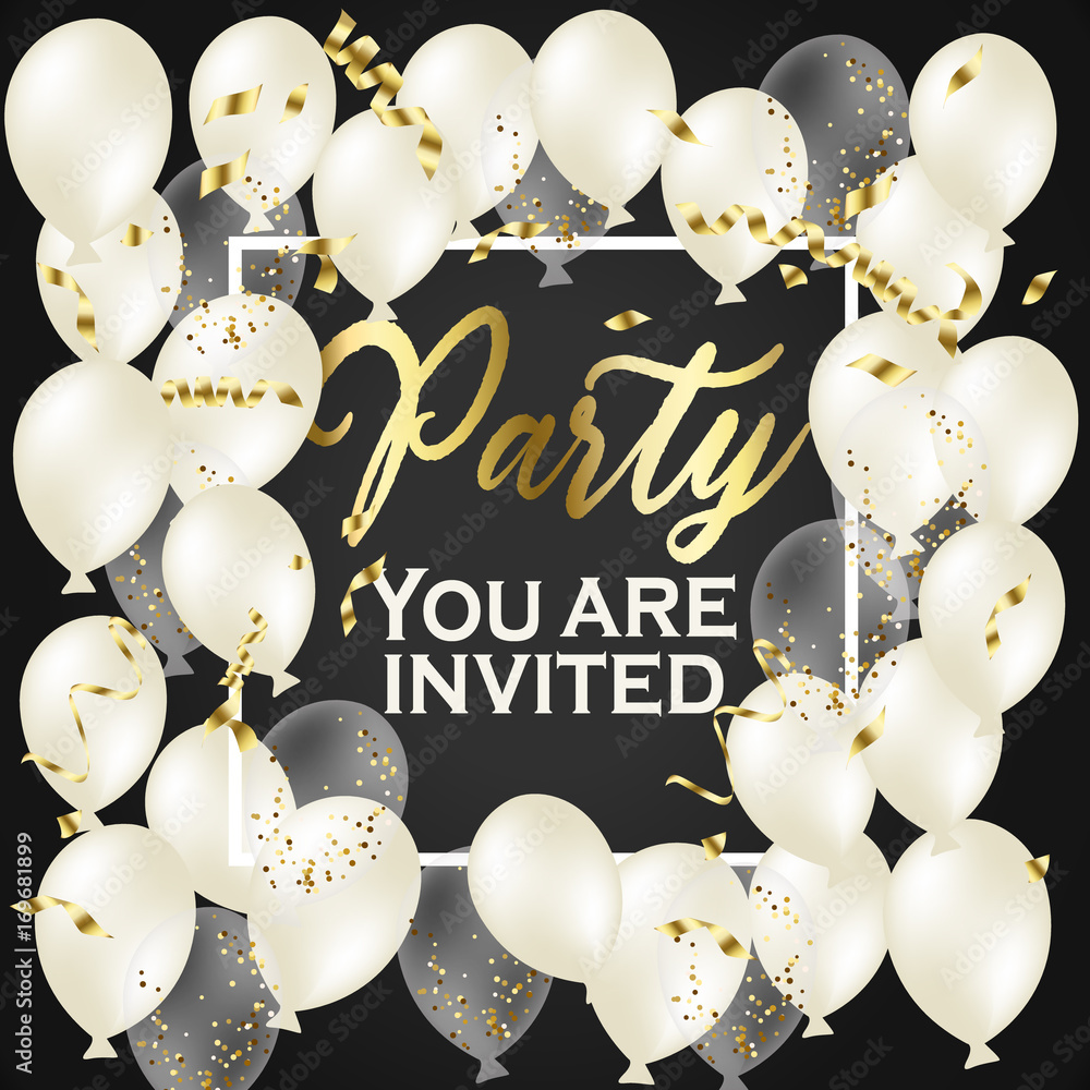 balloon Party Invitation. Happy birthday banner. Gold Heart transparent ...