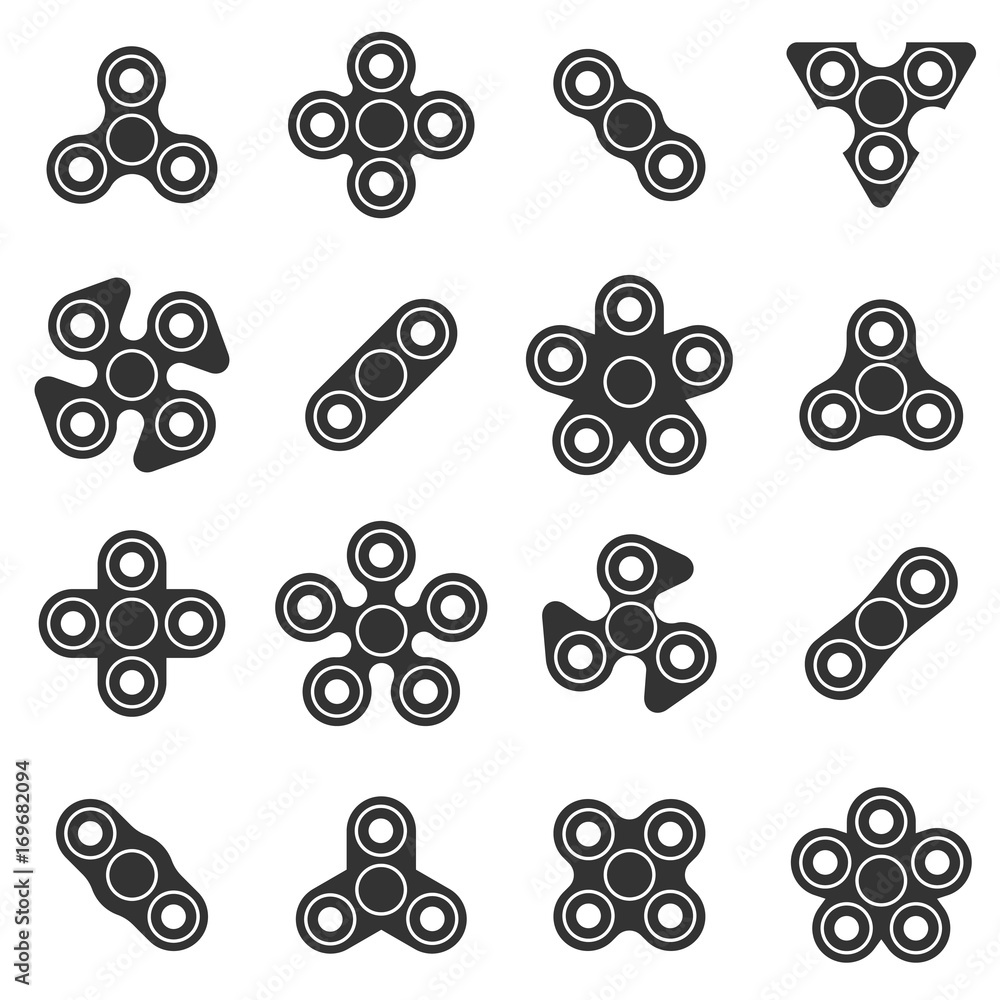 Hand fidget spinner toy vector shape silhouette icon set. Stress and ...