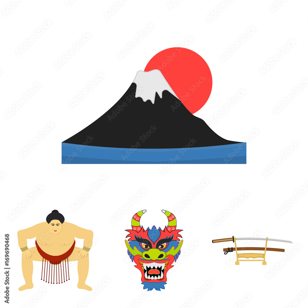 Dragon mask, katano, a man is a sumo player, a fujiama mountain.Japan ...