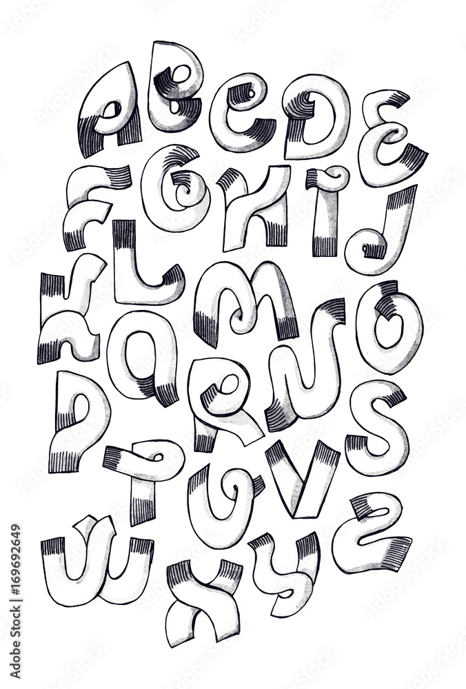Large raster hand drawn grey and black alphabet. Abc letters sequence ...
