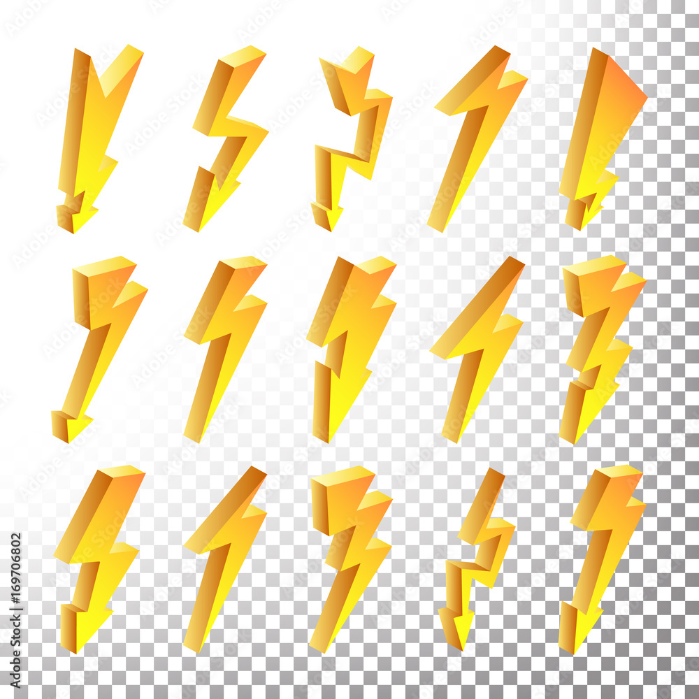 3D Lightning Icons Vector Set. Cartoon Yellow Lightning Isolated ...