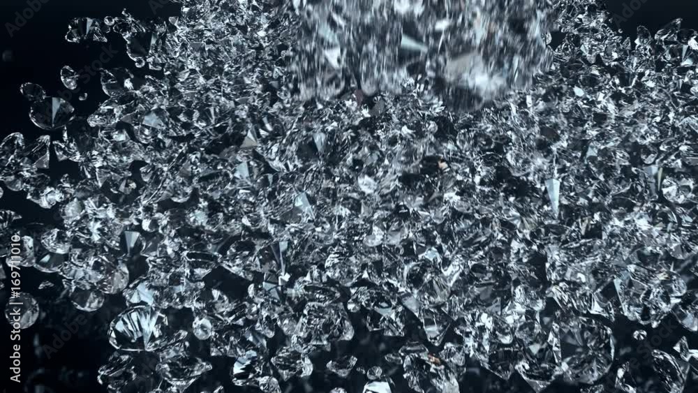 Diamonds falling onto a shiny black surface. 4K animation rendered at ...