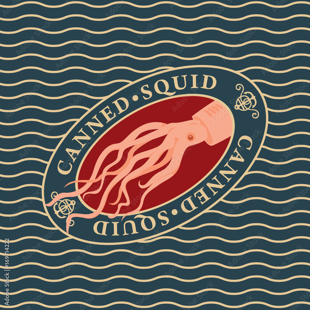 Vector label for canned squid in oval frame on the waves background ...