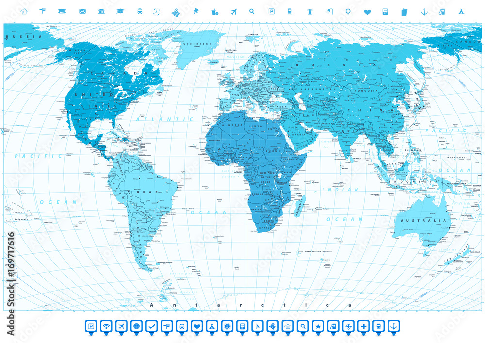 World map with different colored continents in colors of blue and ...
