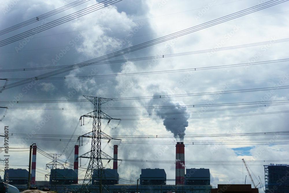 high voltage 500 KV transmission line and pylon with coal fire power ...