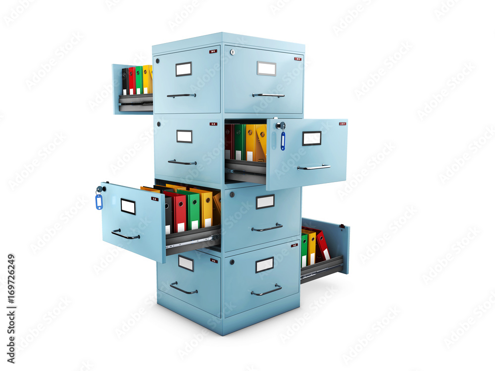 3d Illustration of Filing cabinet with a folders in an open drawers ...