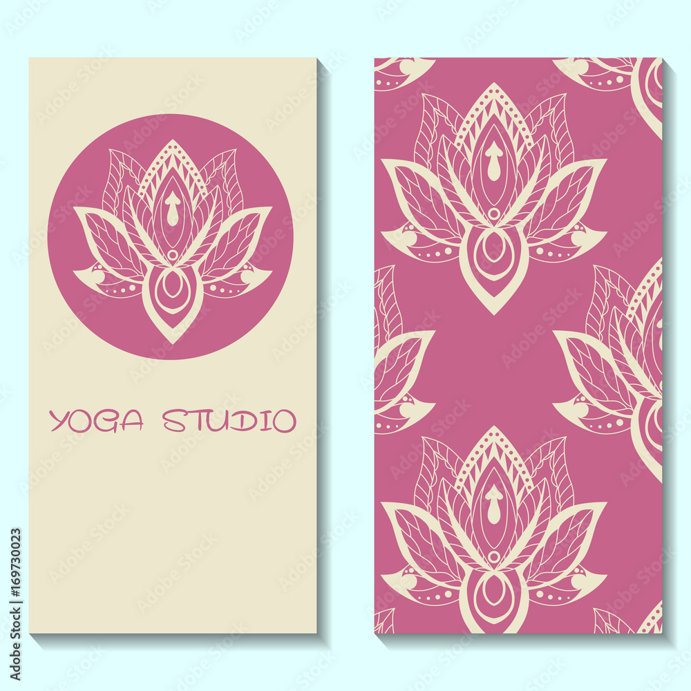 Cards template for yoga studio with lotuses. Yoga vertical vector ...