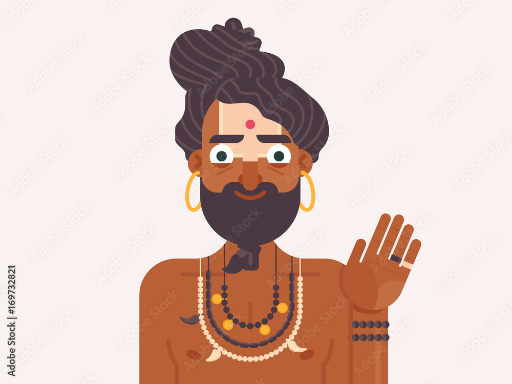 funny cartoon Indian young monk. Holy Sadhu. Indian wandering monk flat ...