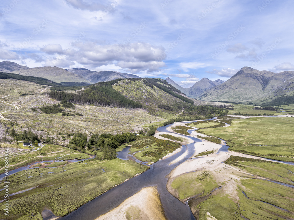 Amazing aerial view of the paradisal landscape of Glen Etive with the ...
