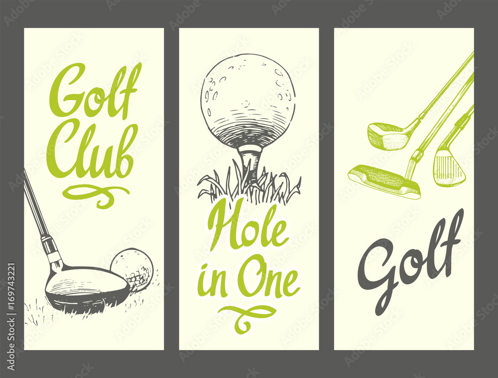 Golf layout banners with ball, clubs, glove. Vector set of hand-drawn ...
