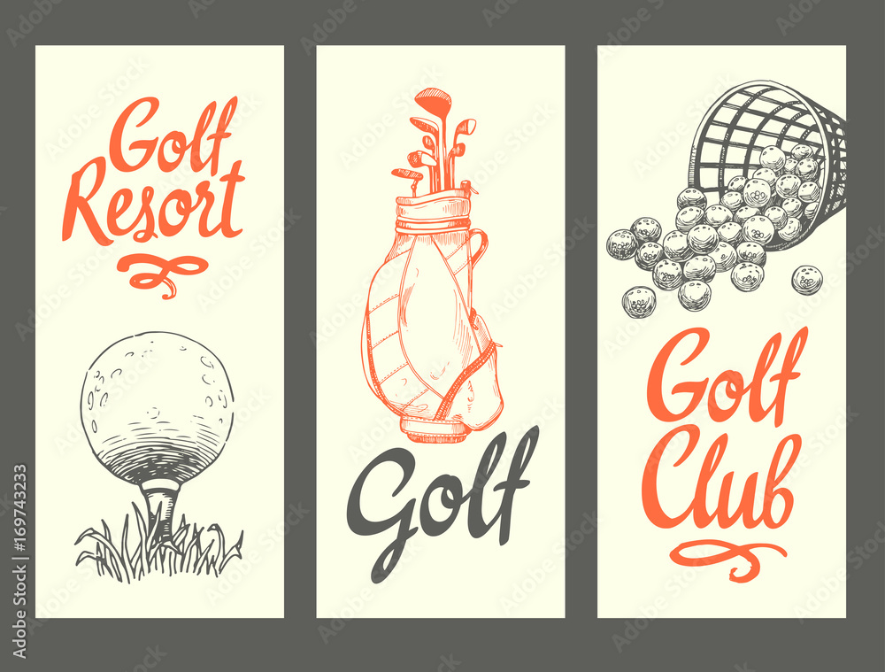 Golf layout banners with ball, backet, bag, clubs, glove. Vector set of ...