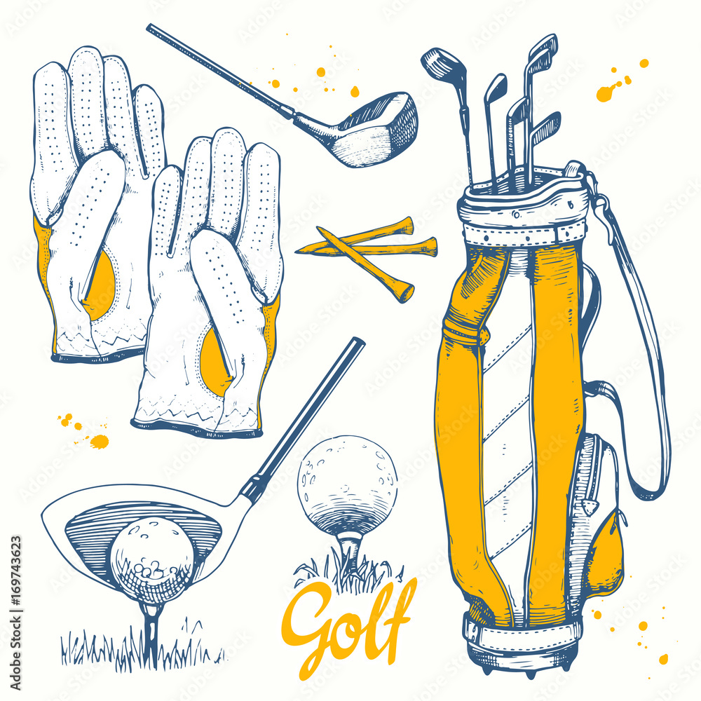 Golf set with basket, shoes, putter, ball, gloves, bag. Vector set of ...