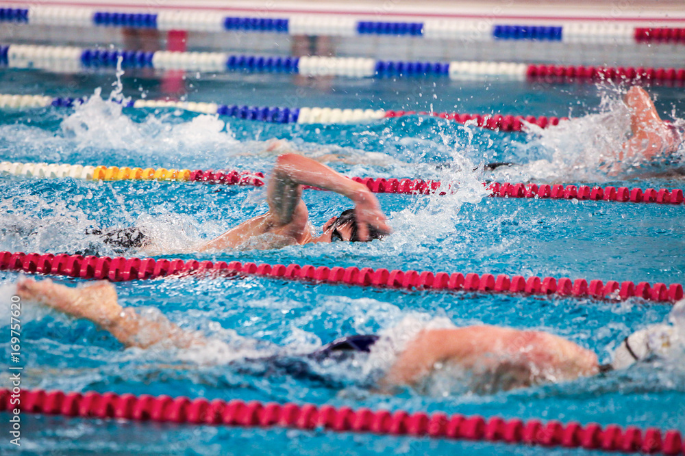 Male swimmers competing in a race. Anonymous athletes in a pool, motion ...