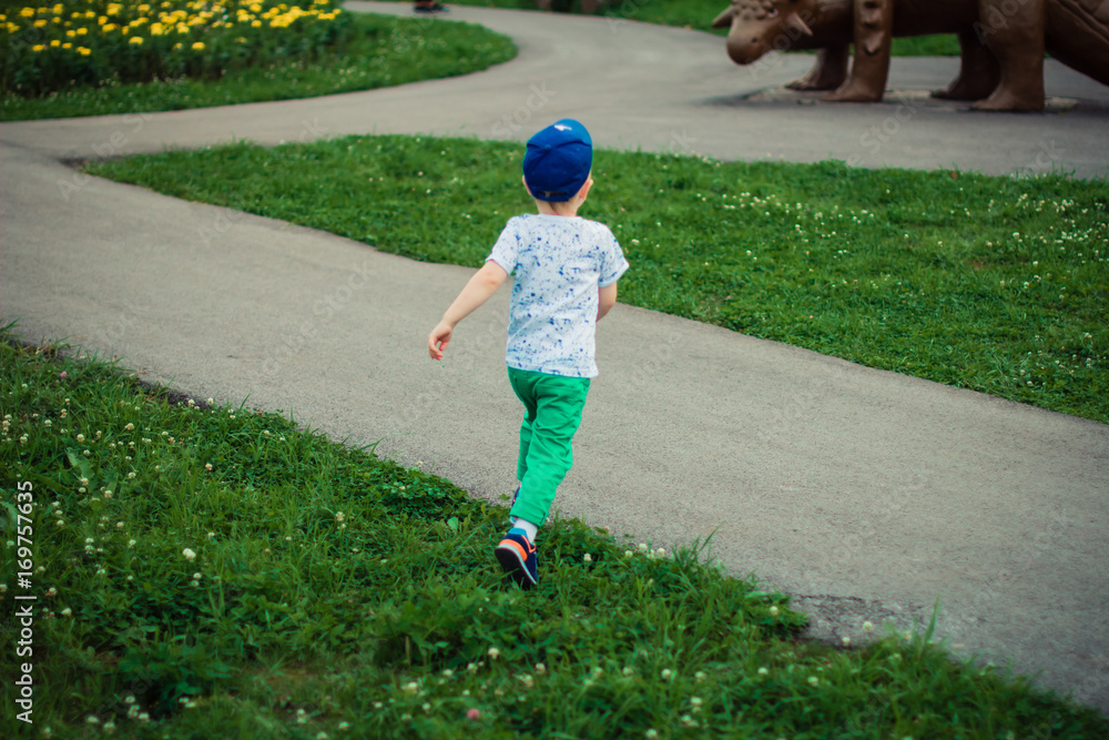 A little boy enjoying life and nature. Happy child on a summer field ...