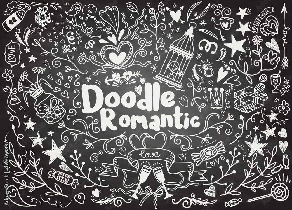 Big set of romantic style hand drawn elements with banners,Freehand ...