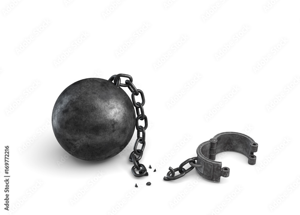 3d rendering of an isolated ball and chain lying broken near a leg ...