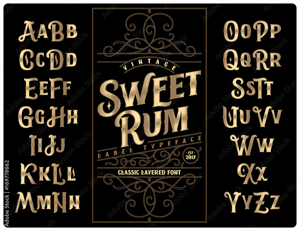 Classic vintage decorative font set named "Sweet Rum" with label design ...